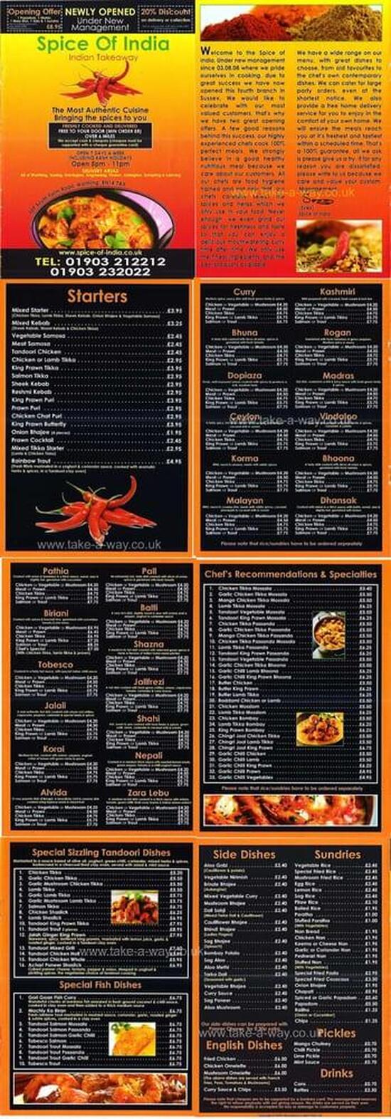 Menu at spice of india restaurant, Worthing