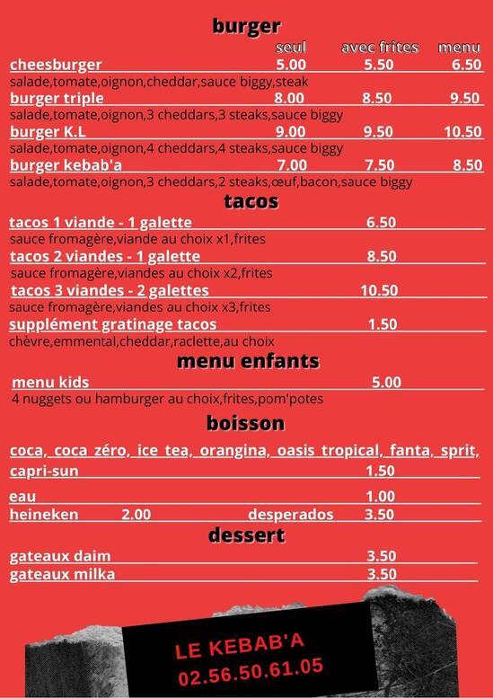 Carta del restaurante Le Kebab'a, La Gacilly