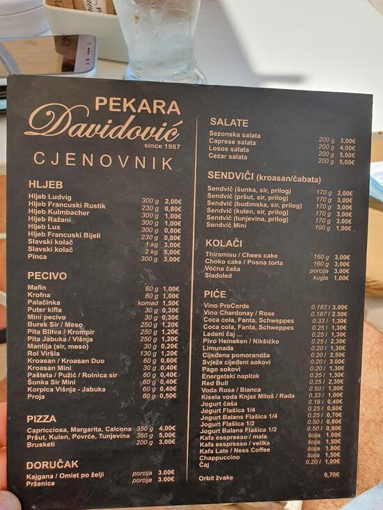 Menu at Pekara Davidović, Radovići