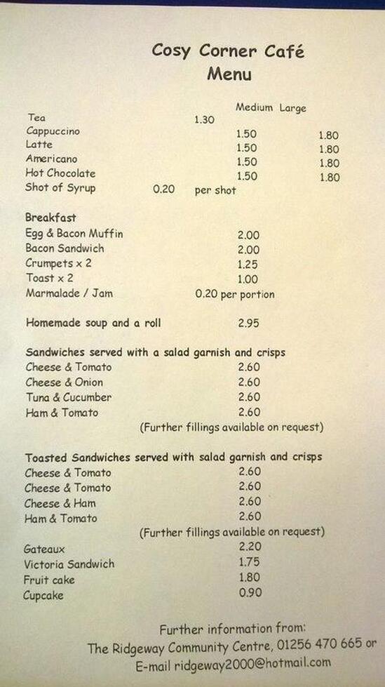Menu at Cosy Corner Cafe, Basingstoke