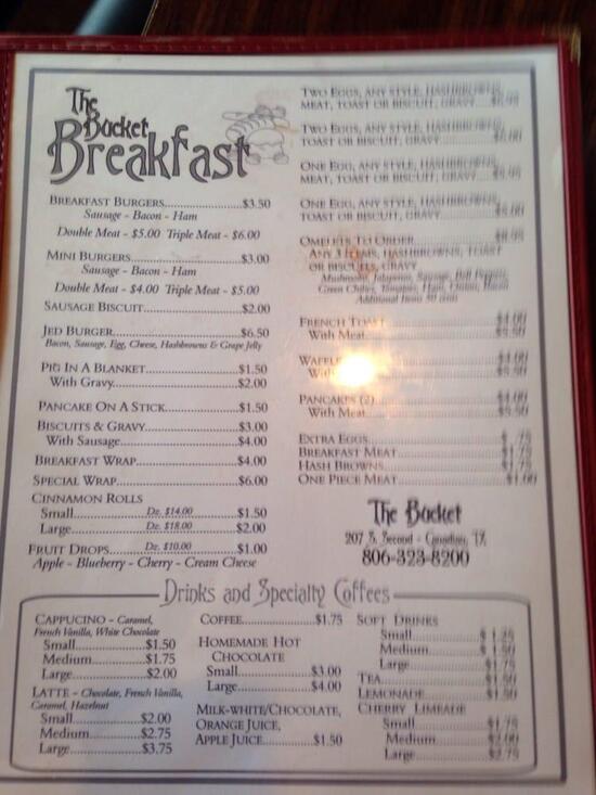 Menu at The Bucket restaurant, Canadian
