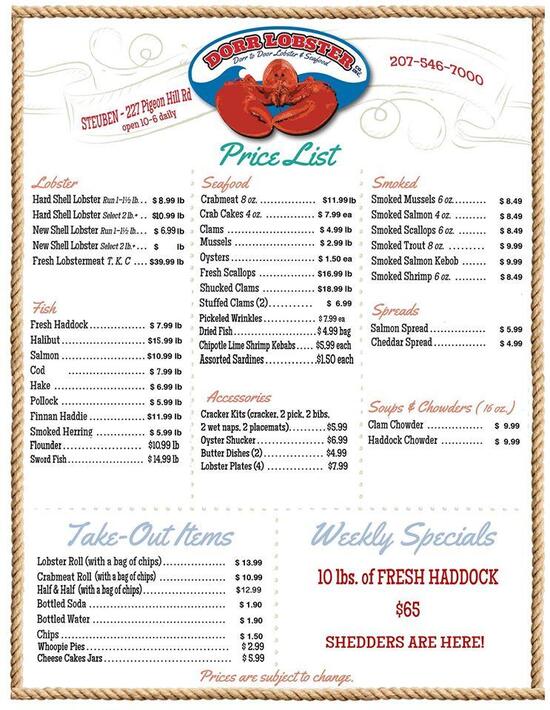 Menu at Dorr Lobster Seafood Market - Steuben, Steuben