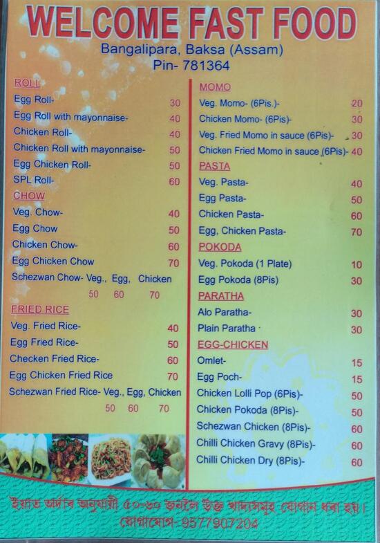 Menu at Welcome Fast Food, India, PP97+G78