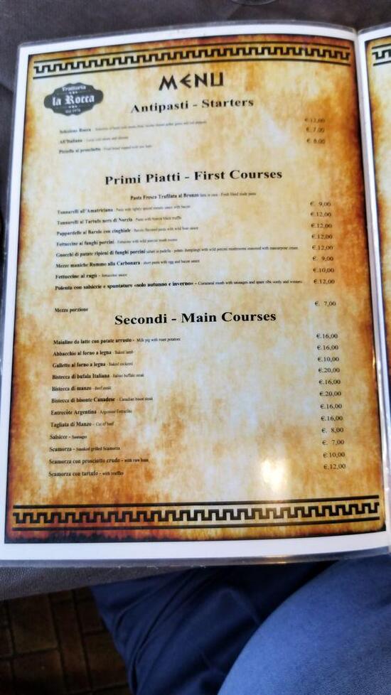 Menu at Trattoria La Rocca restaurant, Ceri