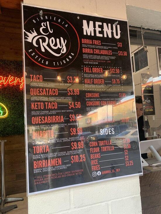 Carta del restaurante Birria El Rey, San Diego