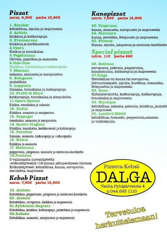 Menu at Dalga Pizzeria & Kebab Pyhäsalmi, Finland