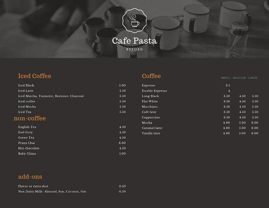 Menu at Cafe Pasta, Byford