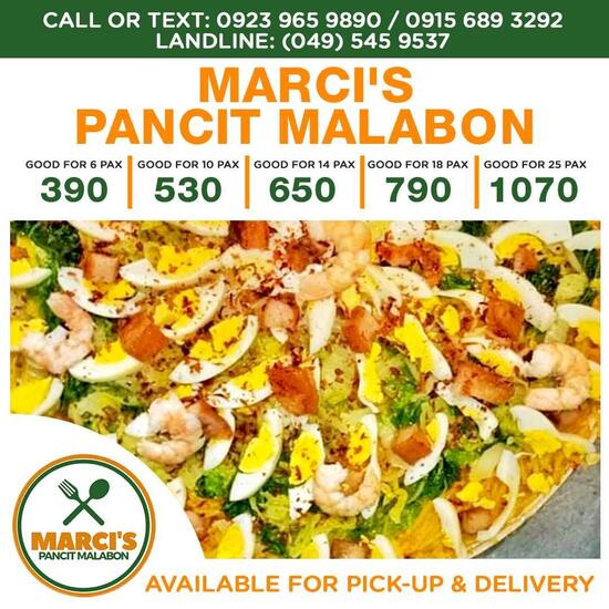 Menu at Marci's Pansit Malabon restaurant, Cabuyao