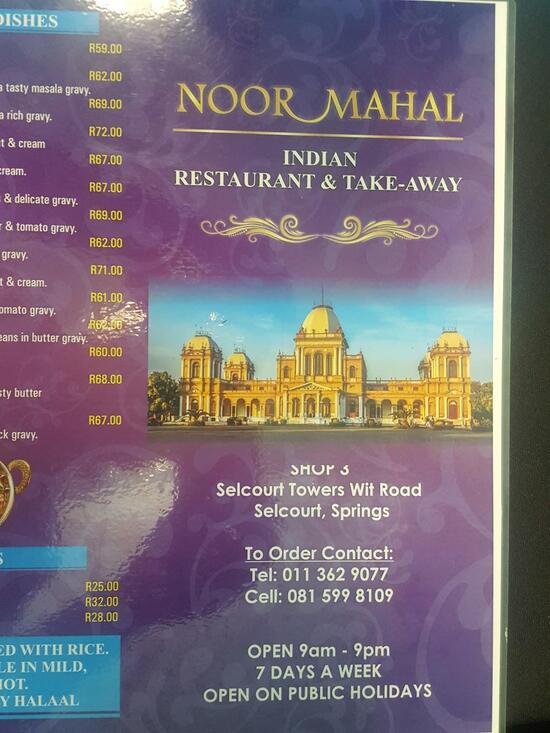 Menu at Noor Mahal Indian Take Away restaurant, Springs