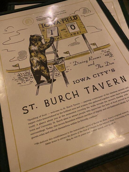 Menu at St. Burch Tavern club, Iowa City