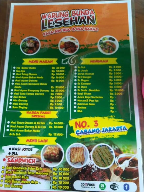 Menu at Lesehan Sop Iga Bakar Warung Bunda restaurant, Kuwonharjo