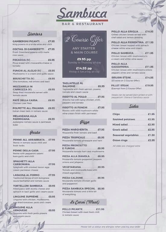 Menu at Sambuca restaurant, Shipley