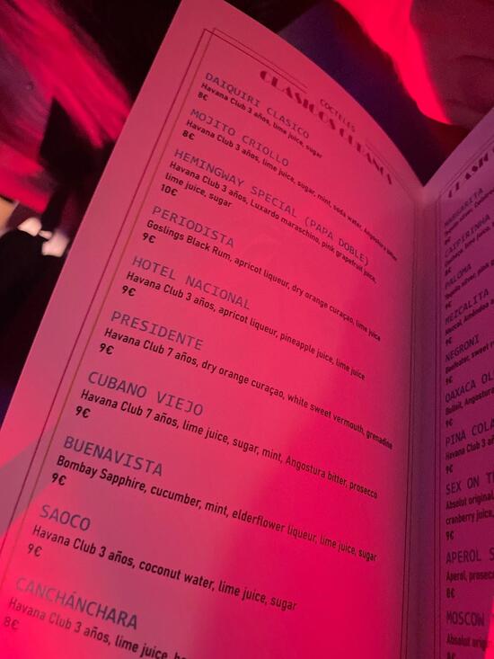Menu at Miami Vice pub & bar, Lisbon