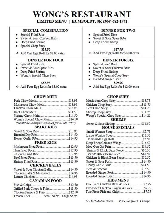 Menu at Wong's Restaurant, Humboldt