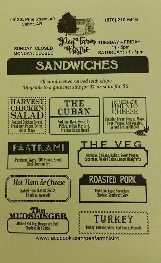 Menu at Pea Farm Bistro cafe, Cabot