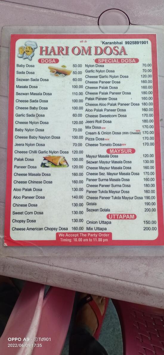 Menu at HARI OM DHOSA, Surat