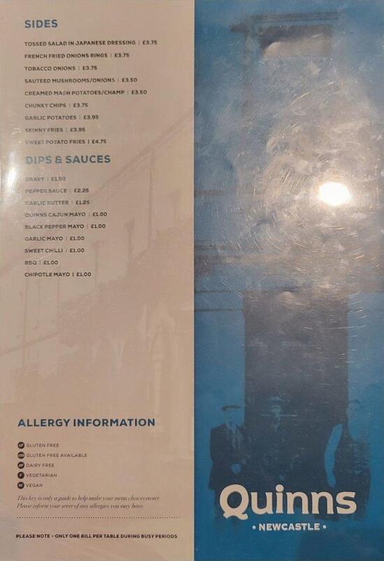 Menu at Quinns Bar, Newcastle