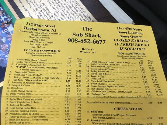 Menu at Sub Shack & Deli, Hackettstown