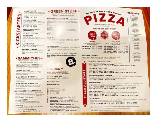 Menu at Bartoli's Pizzeria & Catering - West Town, Chicago