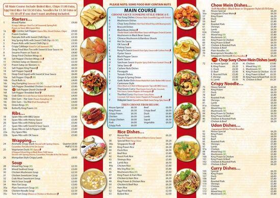 Menu at Royal China fast food, Middlesbrough