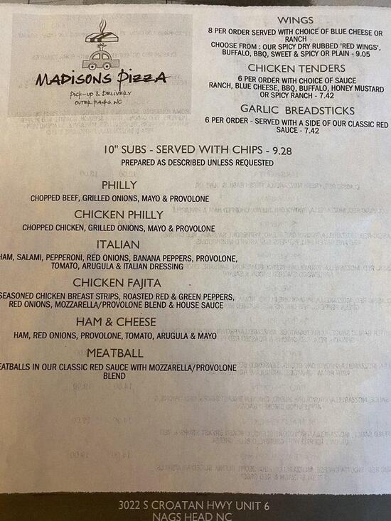 Menu at MADISONS PIZZA pizzeria, Nags Head
