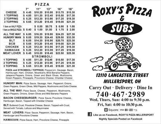Menu at Roxy's Pizza & Restaurant, Millersport, Lancaster St