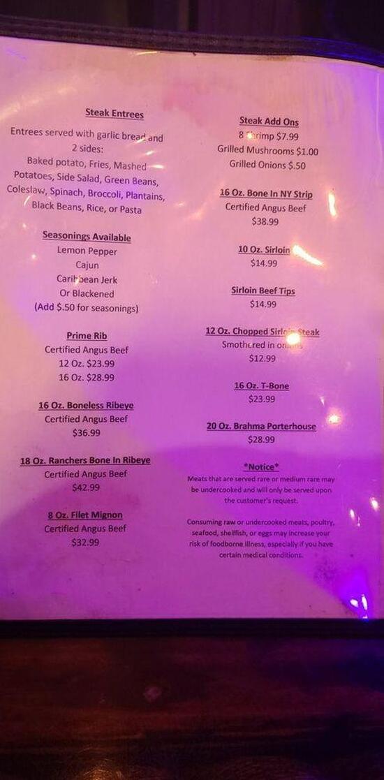 Menu at Brahma Bull pub & bar, Okeechobee, US-441