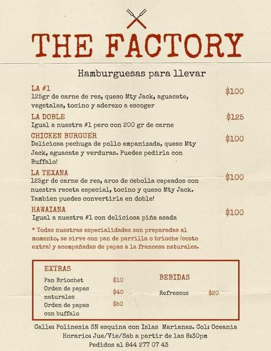 Menu at The Factory restaurant, Saltillo