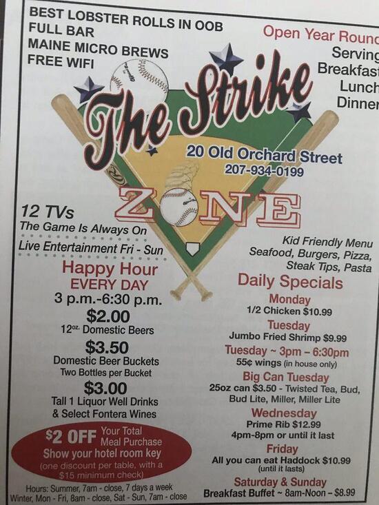 Menu at Strike Zone Restaurant & Pub, Old Orchard Beach