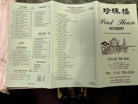 Menu at Pearl House restaurant, Citrus Heights