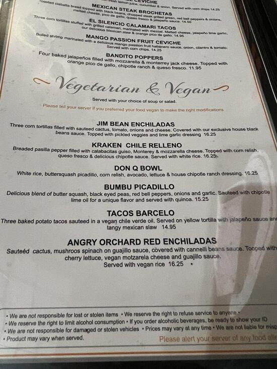 Menu at Don Q's steakhouse, Atascadero