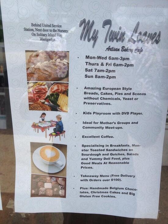 Menu at My Twin Loaves restaurant, Woolgoolga, 58 Clarence St