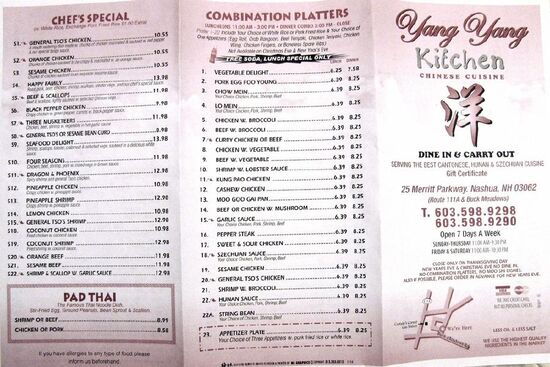 Menu at Yang Yang Kitchen Chinese Food & Bar, Nashua
