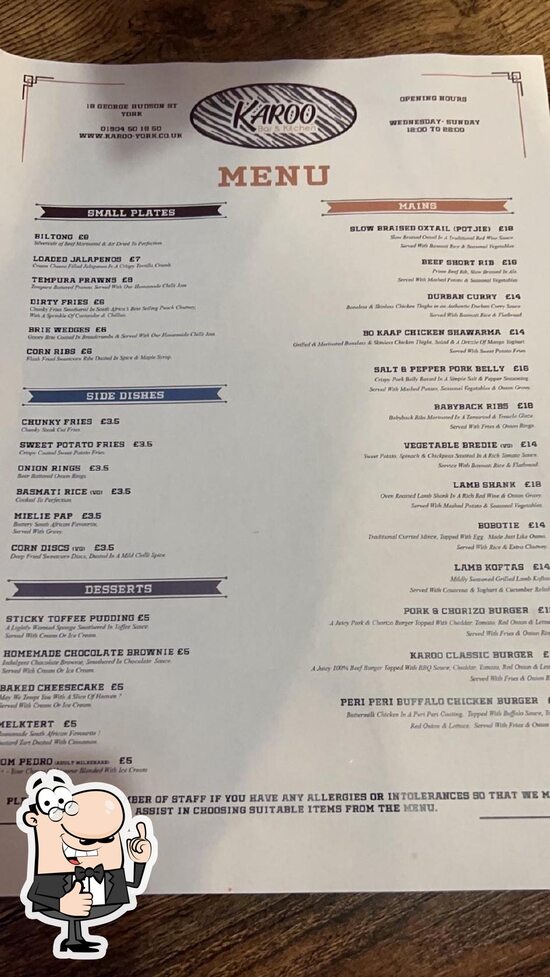 Menu at Karoo Bar & Kitchen, York