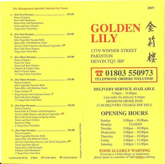 Menu at Golden Lily restaurant, Paignton