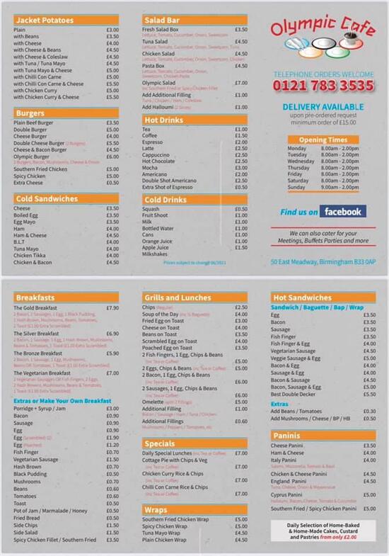 Menu at Olympic Cafe, Birmingham