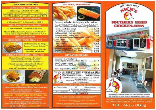 Menu at Nick‘s Fried Chicken fast food, Kaiserslautern