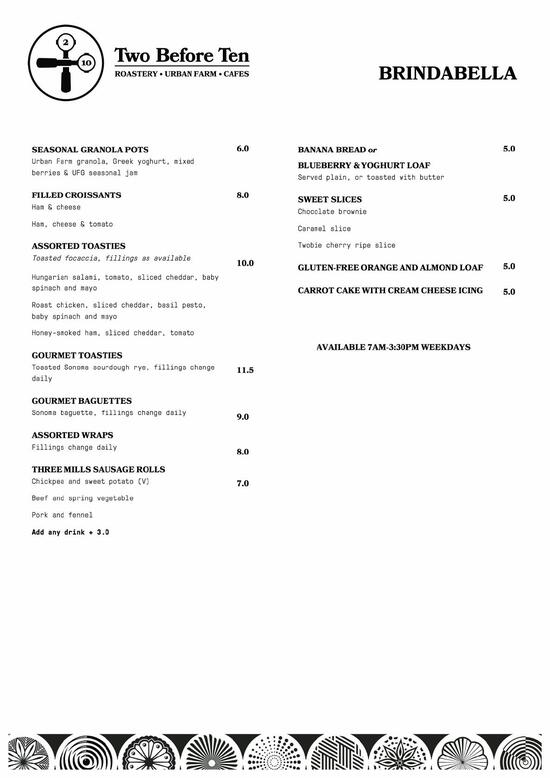 Menu at Two Before Ten Brindabella pub & bar, Australia