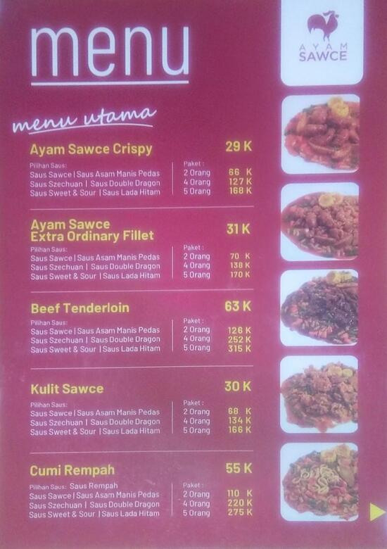Menu at Ayam Sawce restaurant, Katapang
