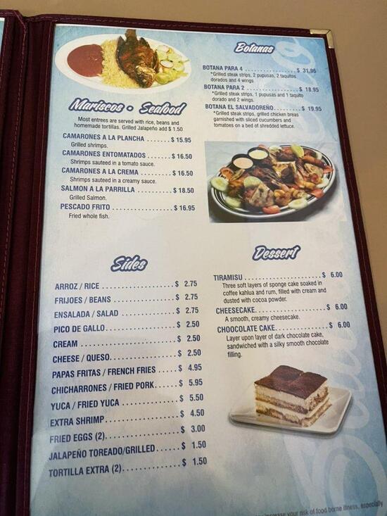 Menu at El salvadoreño restaurant, Washington