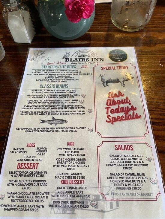 Menu at Blairs Inn pub & bar, Ireland