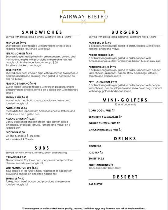 Menu at Fairway Bistro restaurant, Rincon