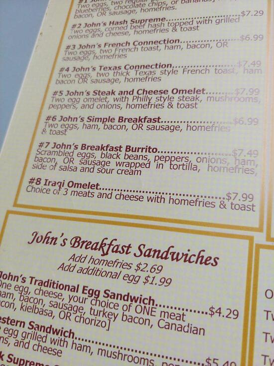 Menu at John's Corner restaurant, Ludlow