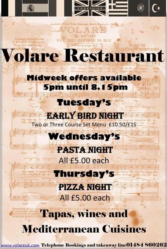 Menu at Volare Restaurant, Denby Dale