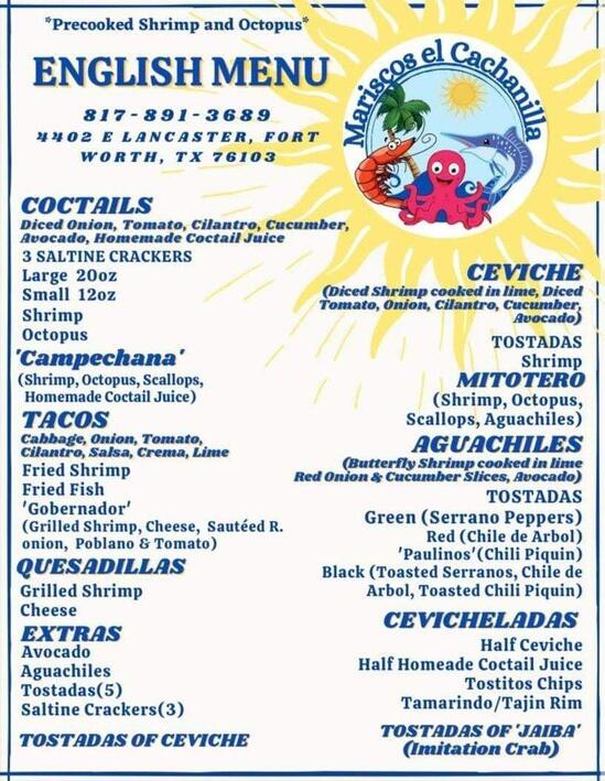 Menu at Mariscos El Cachanilla, Fort Worth