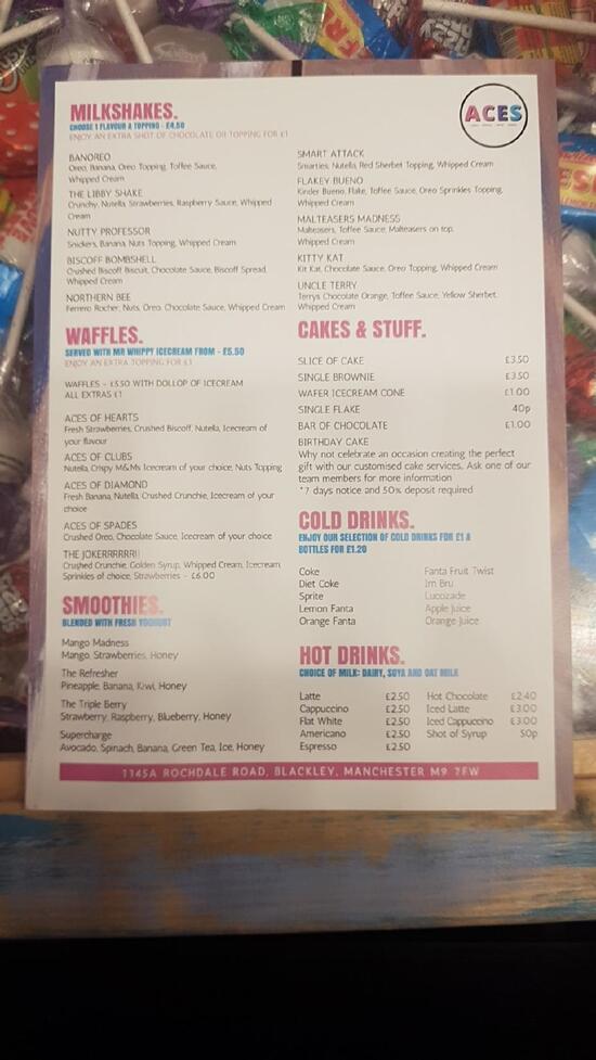 Menu at Aces cafe, Manchester