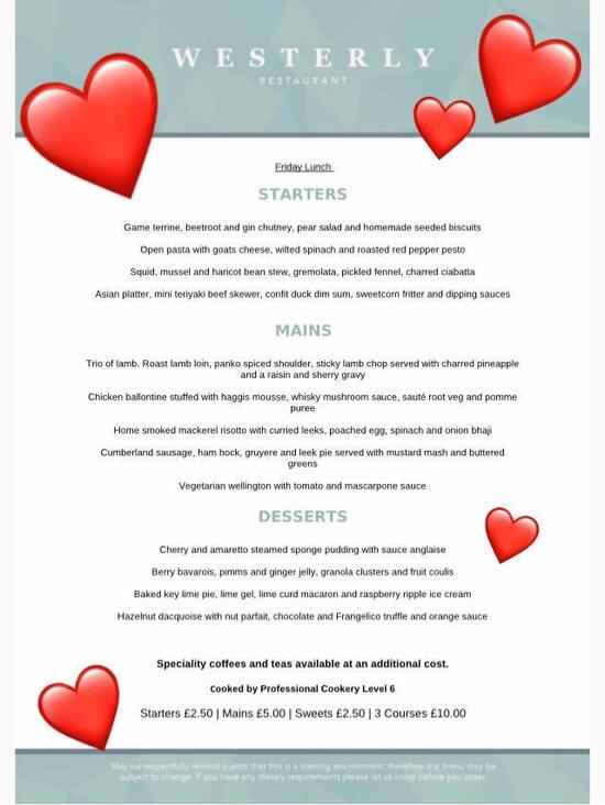 Menu at Westerly restaurant, Ayr