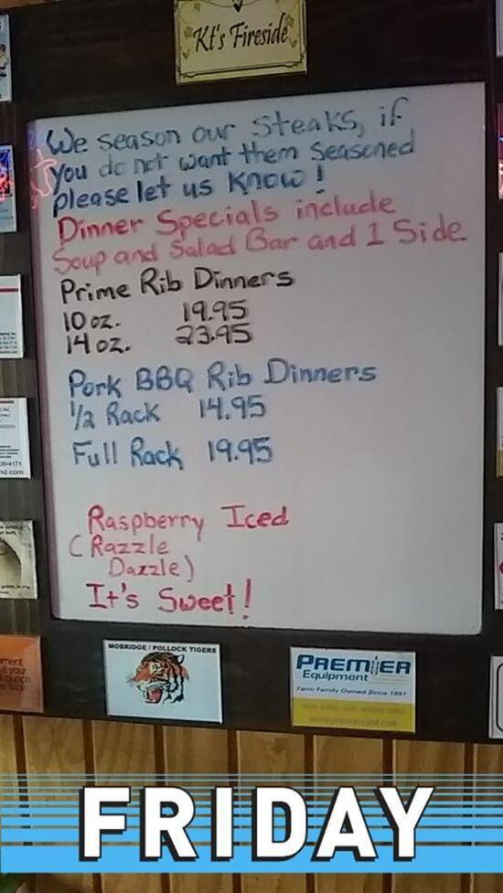 Menu at KT's Fireside Supper Club, Mobridge