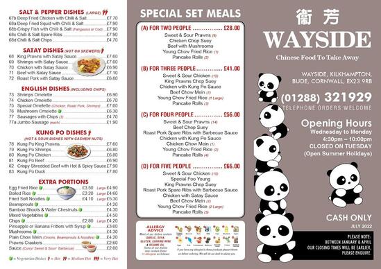 Menu at Wayside Chinese Takeaway restaurant, Bude-Stratton