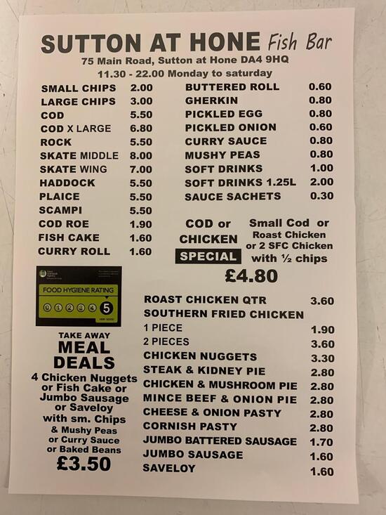 Menu at Sutton At Hone Fish Bar, Dartford, 75 Main Rd